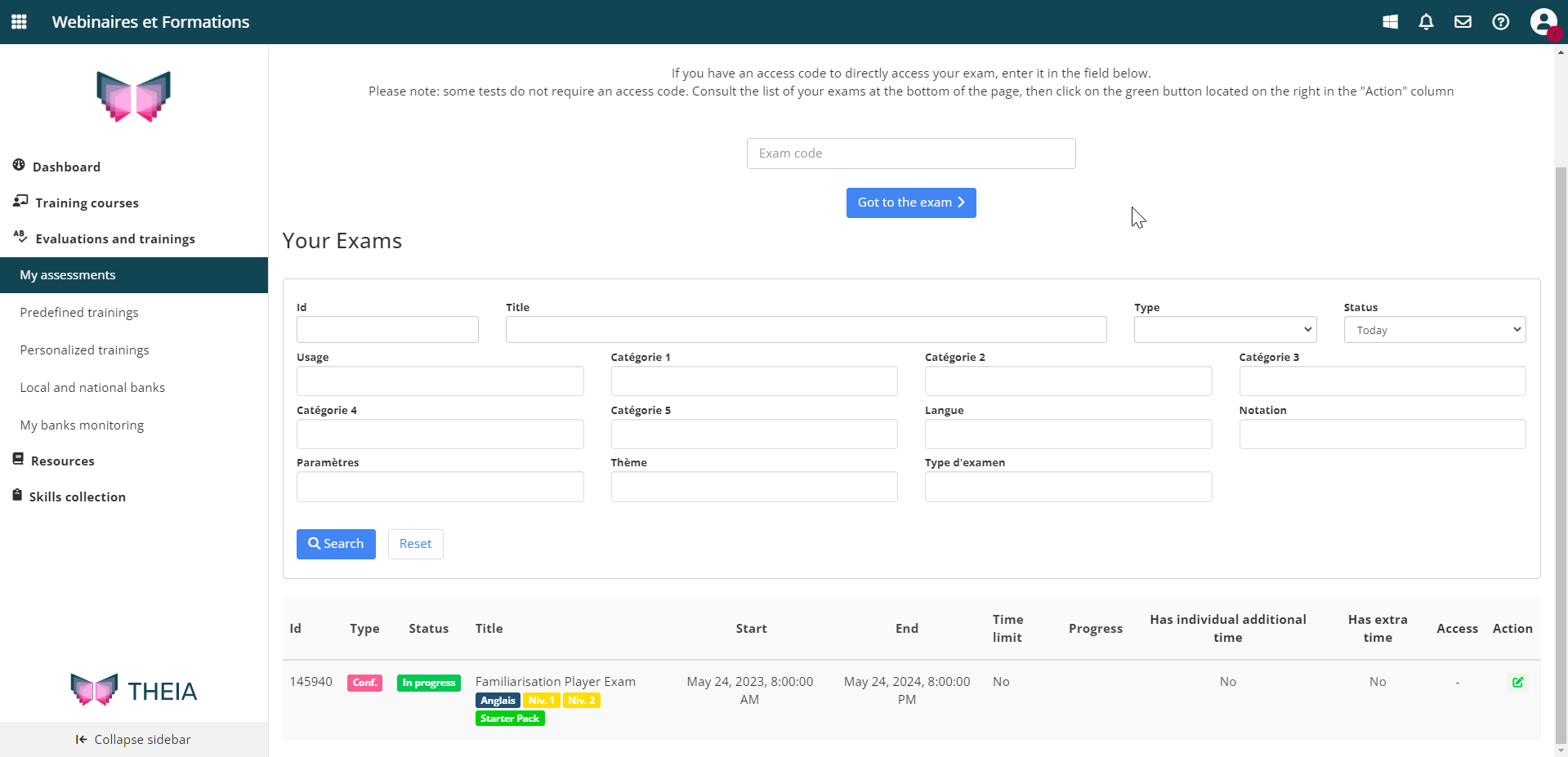 Taking part in an exam - Support THEIA